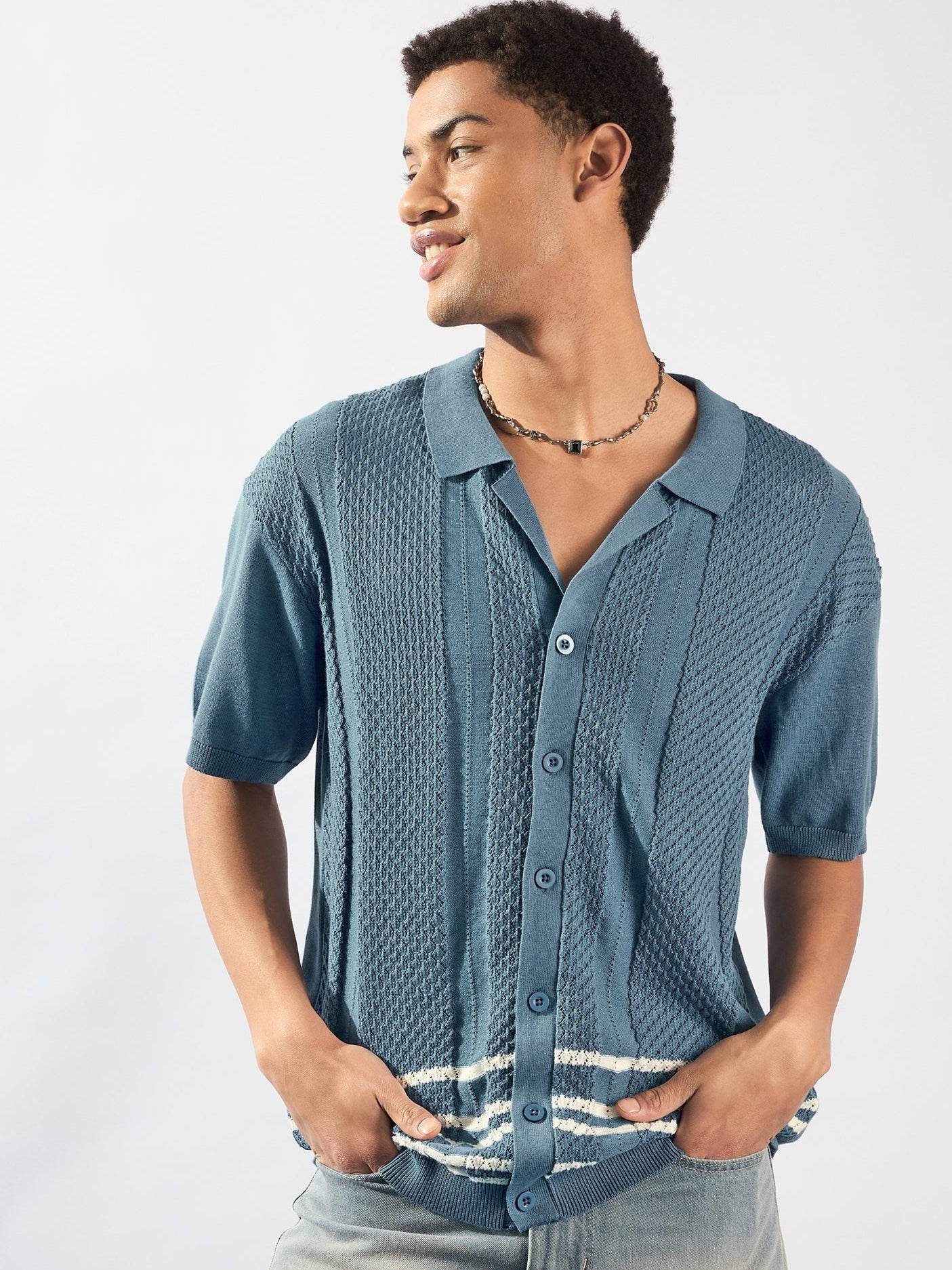 Steel blue and White: Textured Front Open Knit T-Shirt – Dennison ...